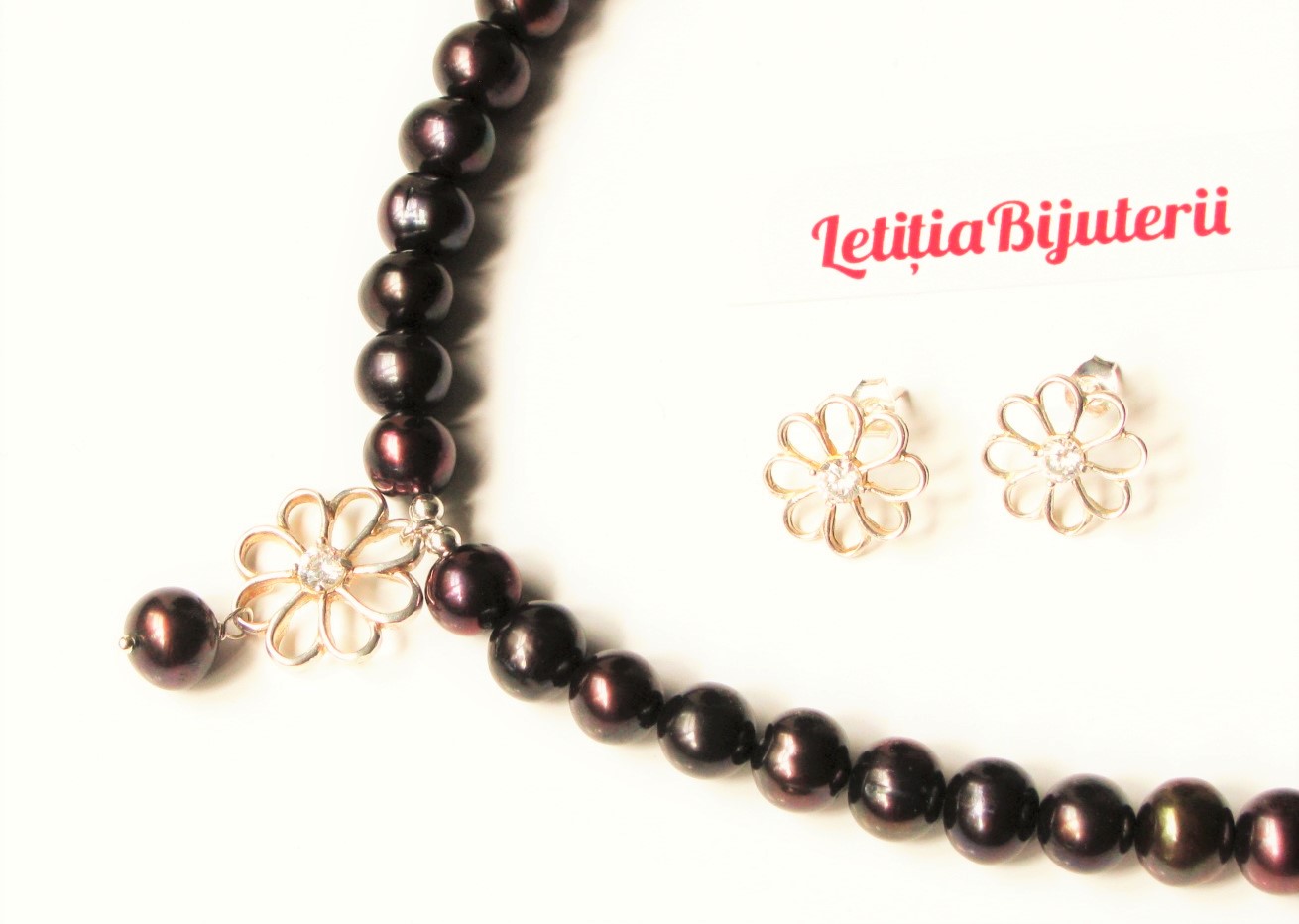 Set argint 925 si perle de cultura maro